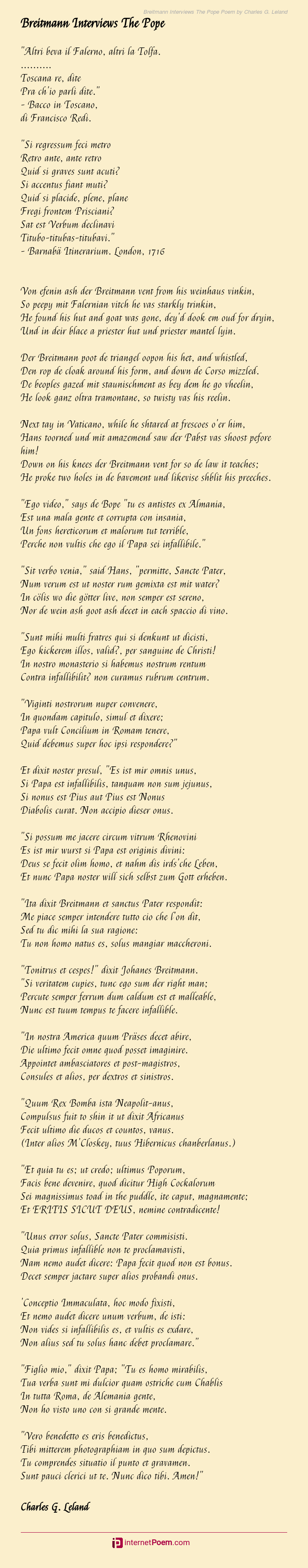 Breitmann Interviews The Pope Poem by Charles G. Leland