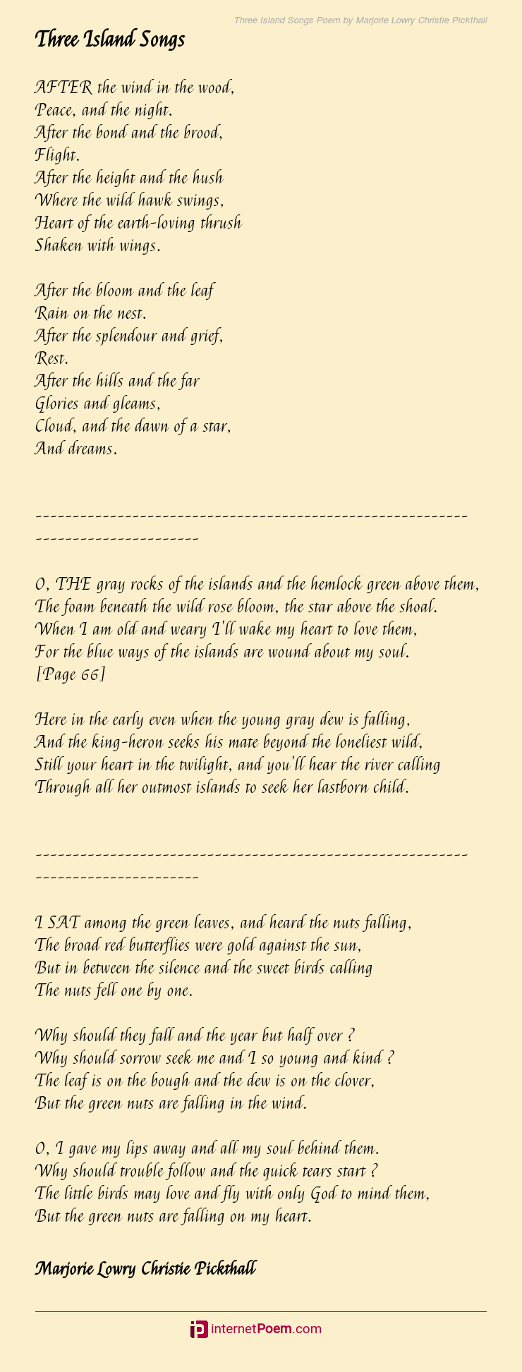 Three Island Songs Poem by Marjorie Lowry Christie Pickthall