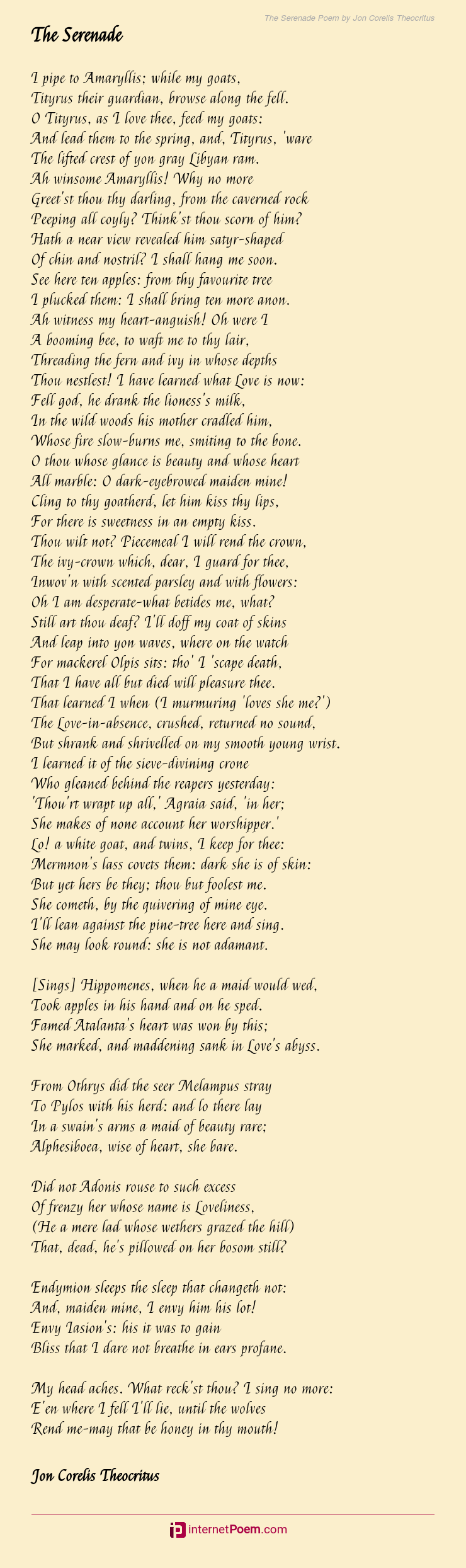 The Serenade Poem by Jon Corelis Theocritus