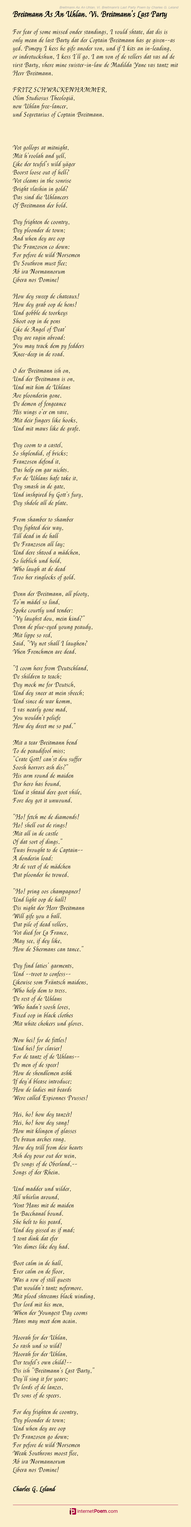 Breitmann As An Uhlan. Vi. Breitmann's Last Party Poem by Charles G. Leland