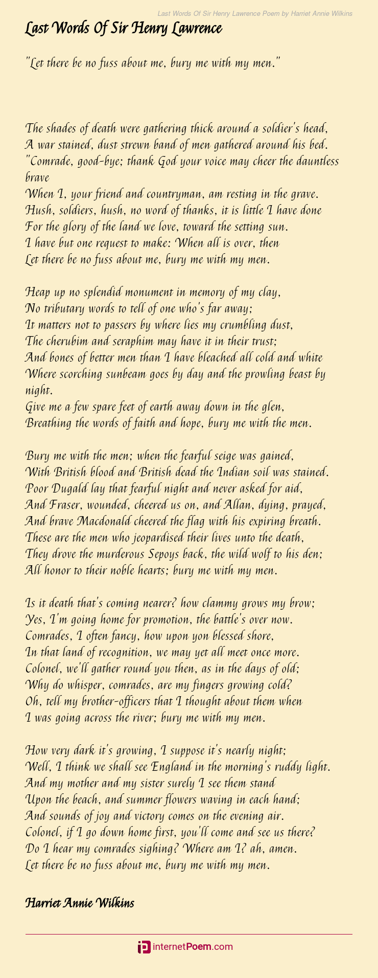 Last Words Of Sir Henry Lawrence Poem by Harriet Annie Wilkins