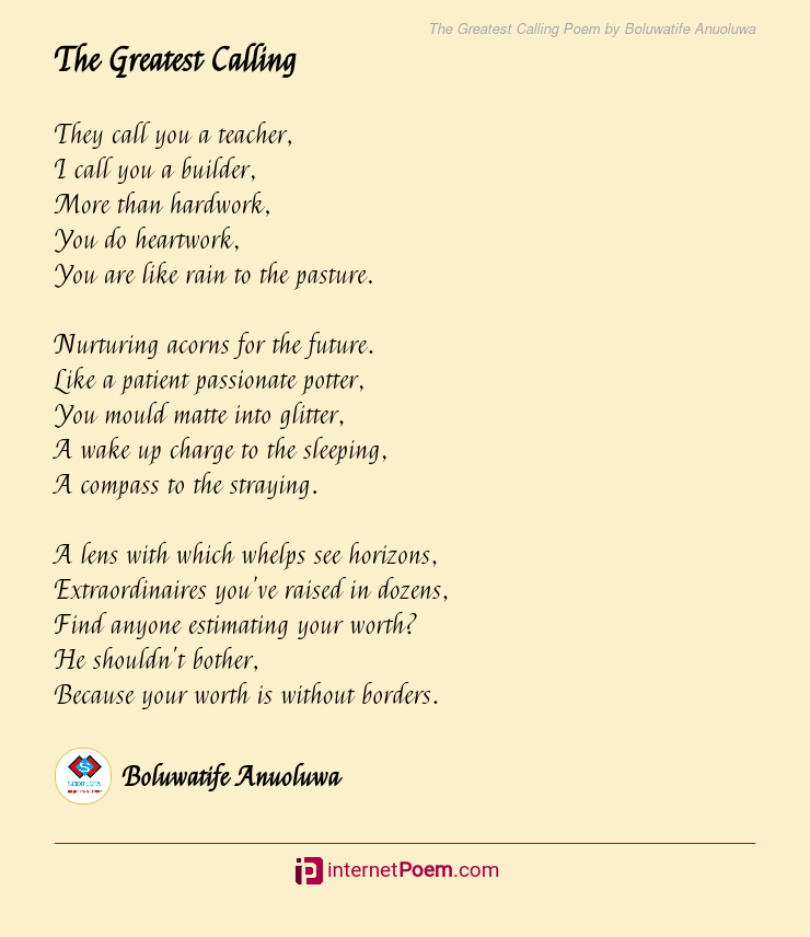 The Greatest Calling Poem by Boluwatife Anuoluwa