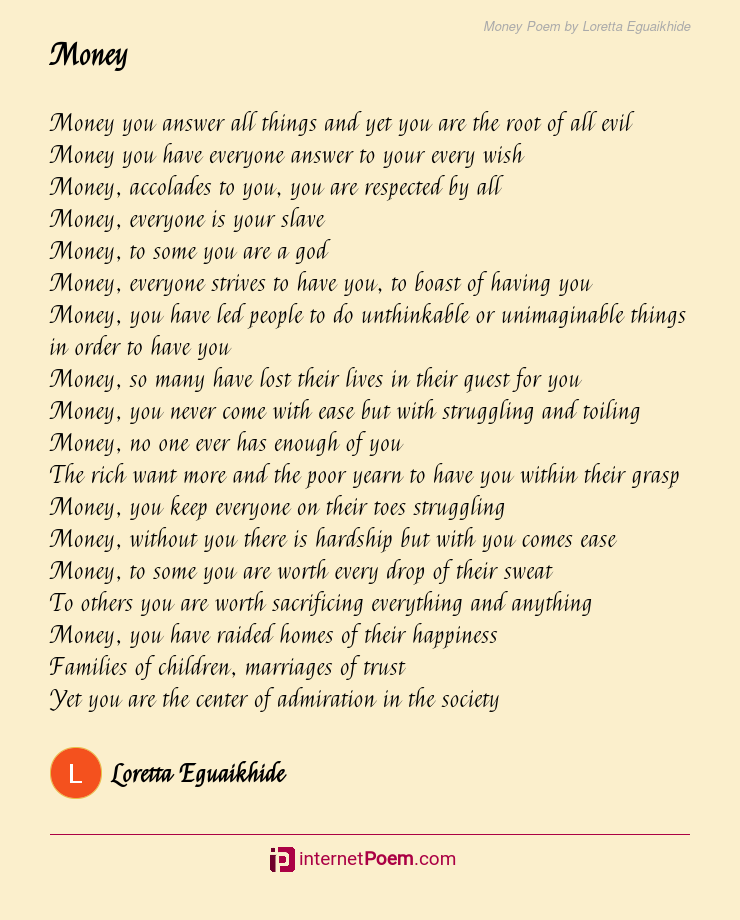 Money Poem by Loretta Eguaikhide