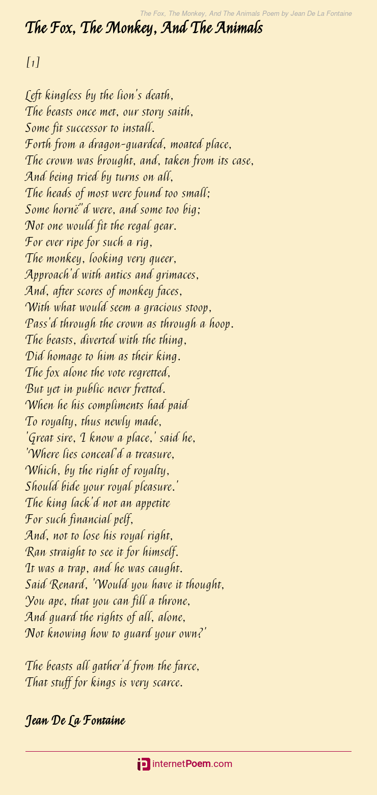 The Fox, The Monkey, And The Animals Poem by Jean De La Fontaine