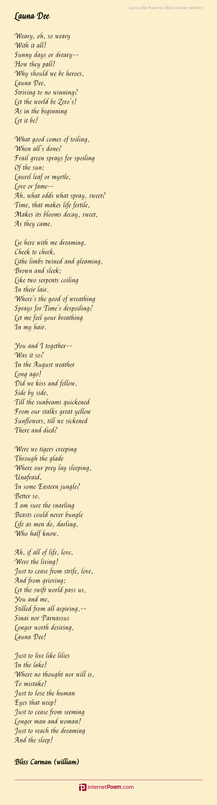 Launa Dee Poem by Bliss Carman (william)