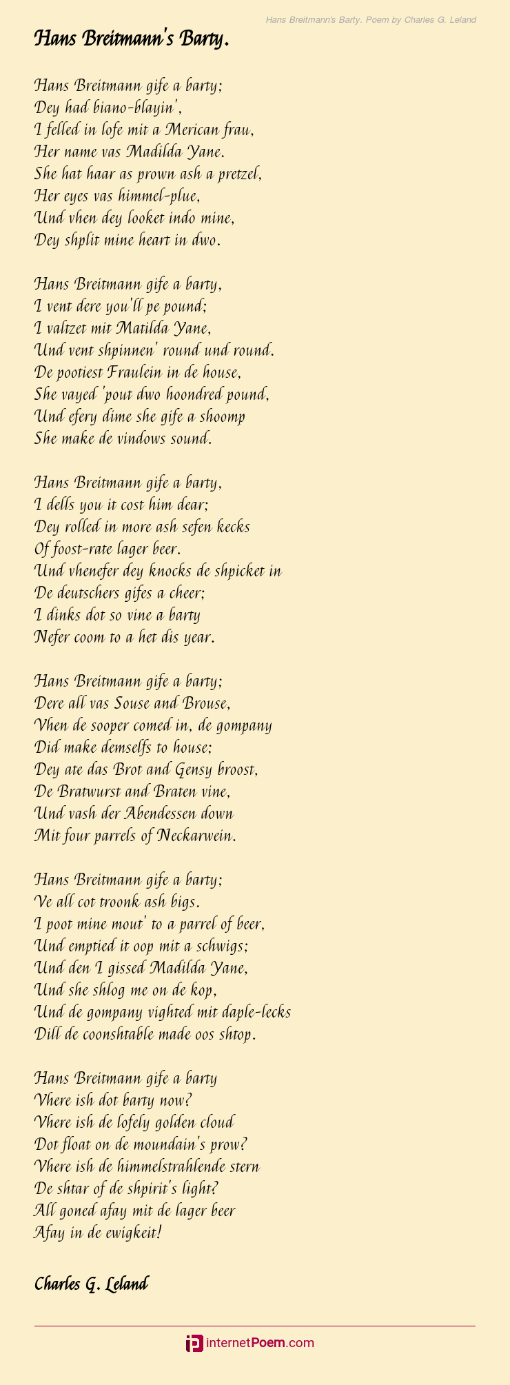 Hans Breitmann's Barty. Poem by Charles G. Leland