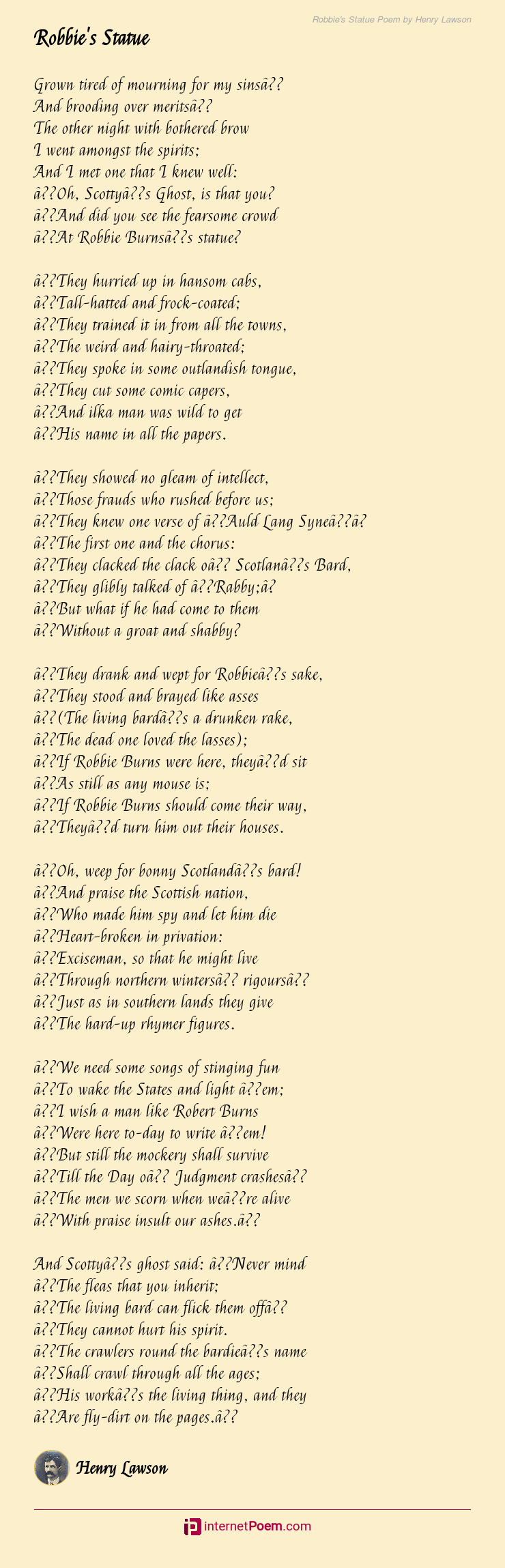 Robbie's Statue Poem by Henry Lawson