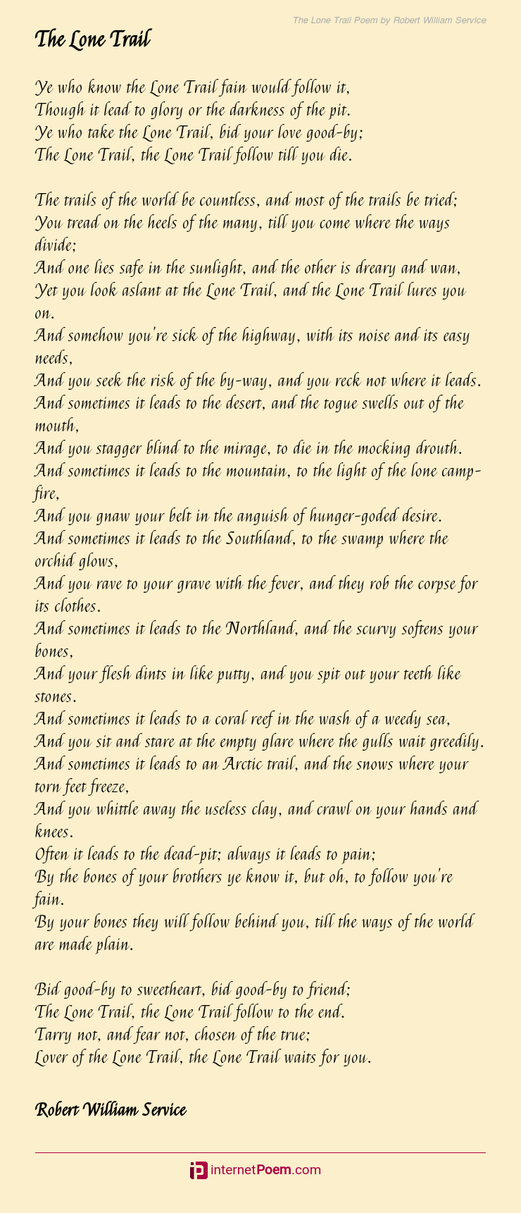 The Lone Trail Poem by Robert William Service