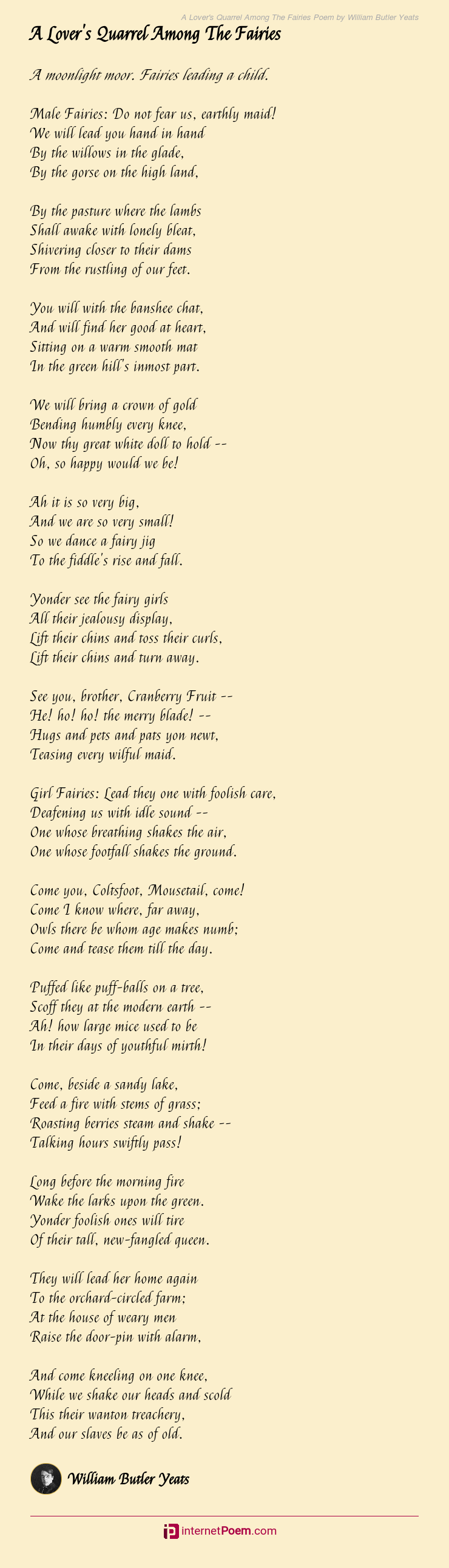 A Lover's Quarrel Among The Fairies Poem by William Butler Yeats