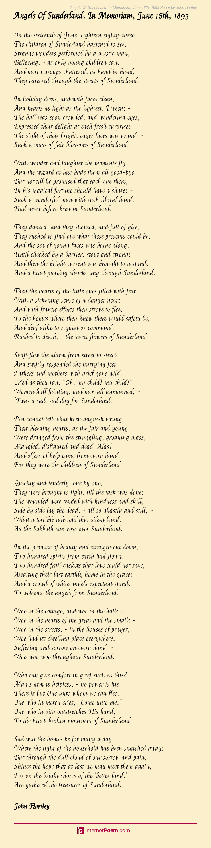 Angels Of Sunderland. In Memoriam, June 16th, 1893 Poem Rhyme Scheme