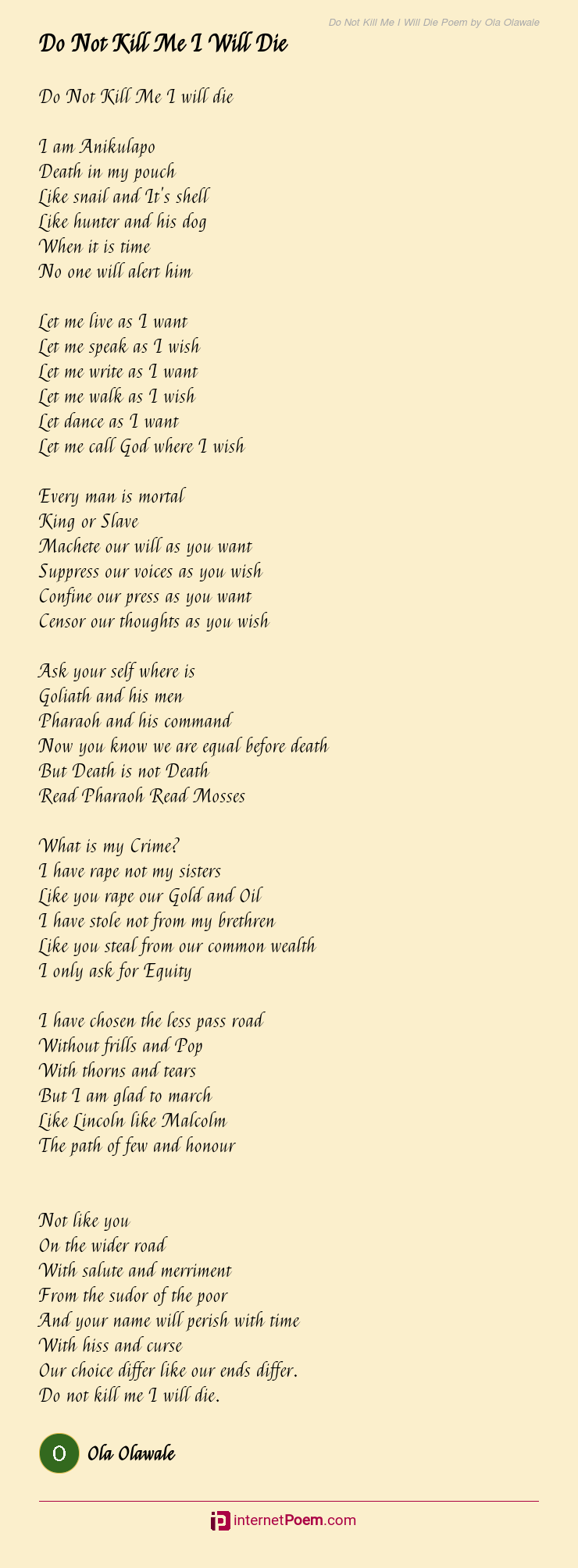 Do Not Kill Me I Will Die Poem by Ola Olawale