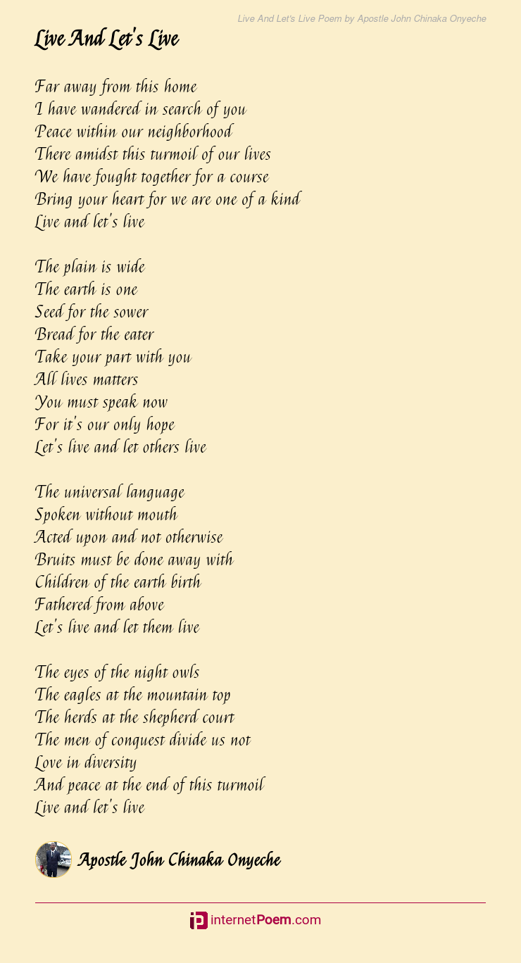 Live And Let's Live Poem by Apostle John Chinaka Onyeche