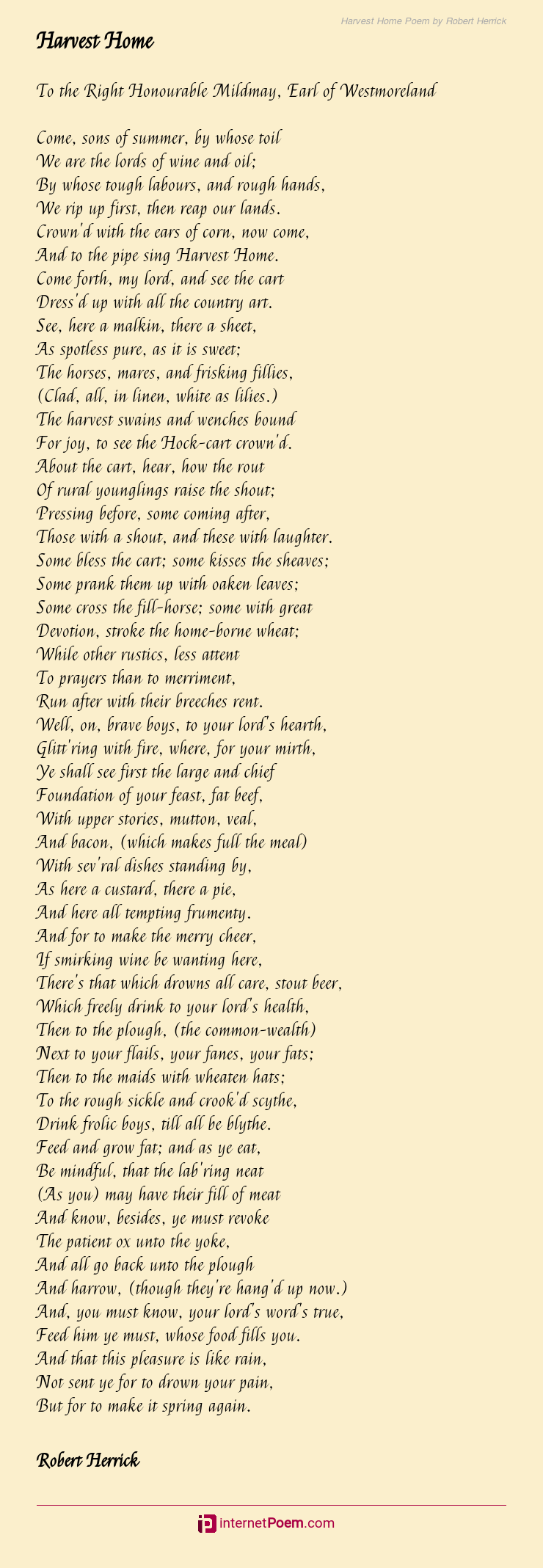 Harvest Home Poem by Robert Herrick