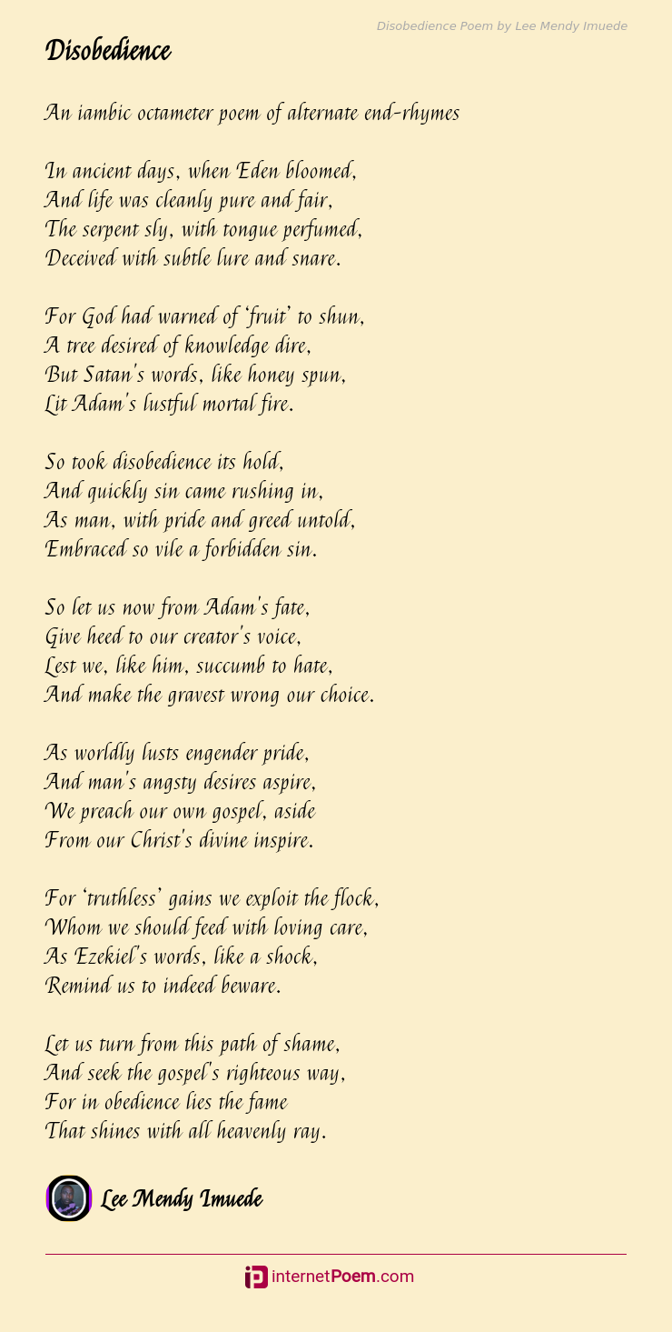Disobedience Poem by Lee Mendy Imuede