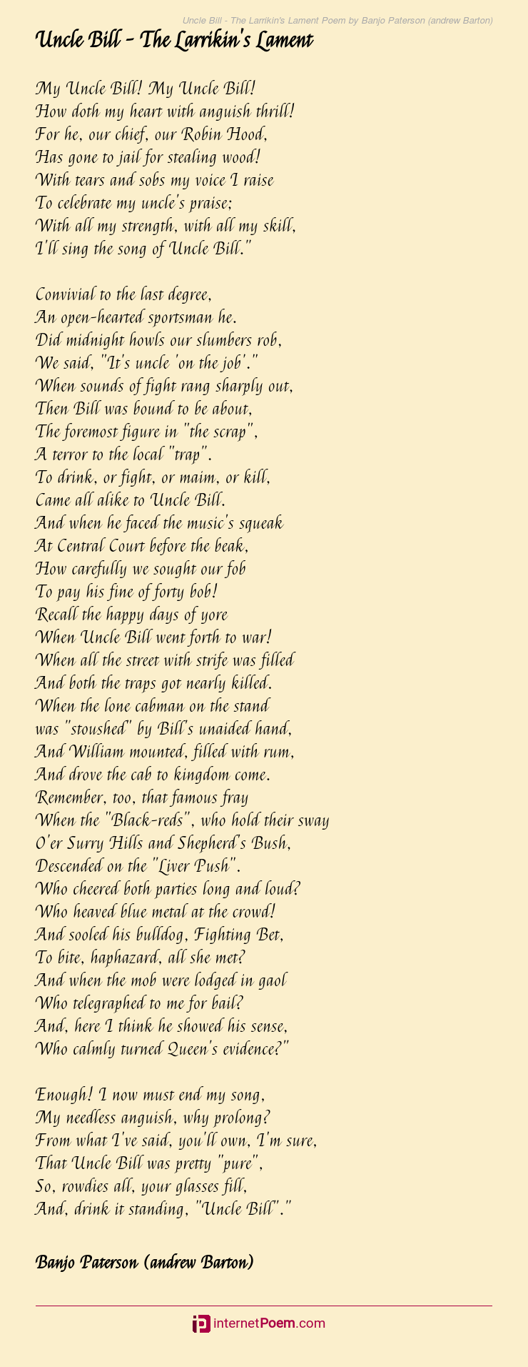 Uncle Bill - The Larrikin's Lament Poem by Banjo Paterson (andrew Barton)