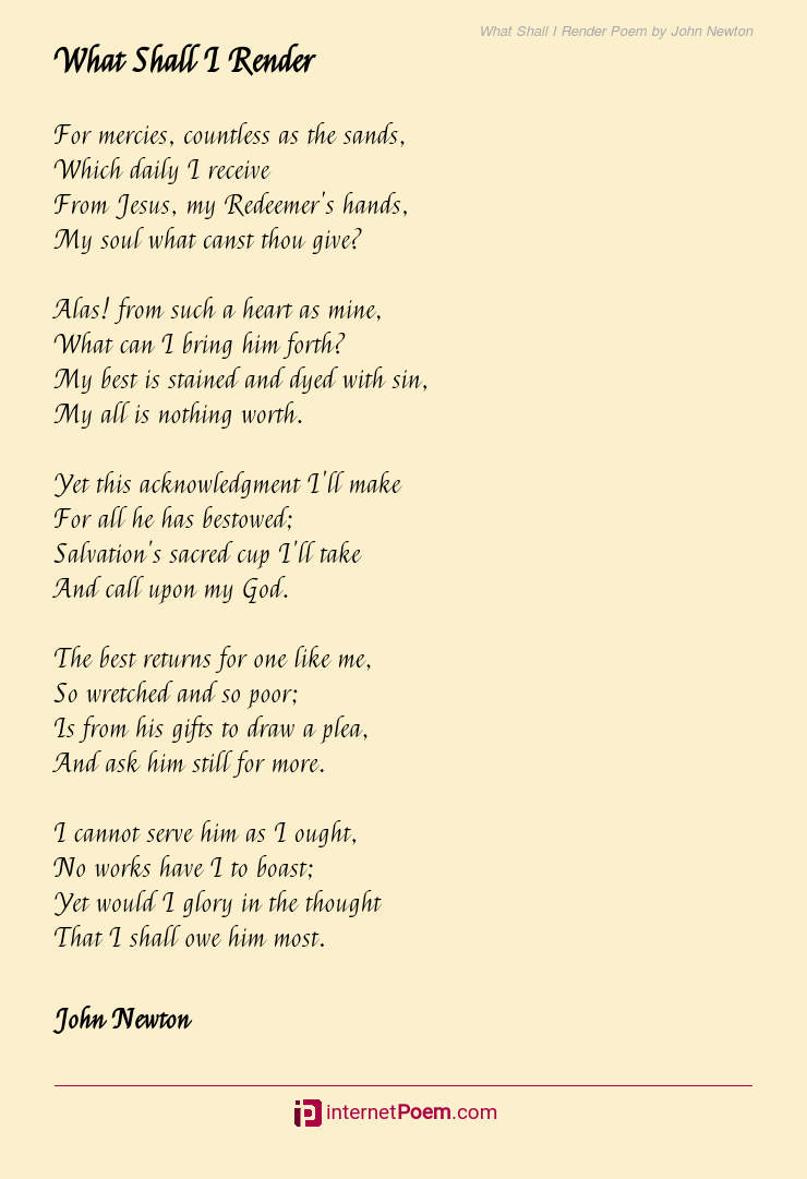 What Shall I Render Poem by John Newton