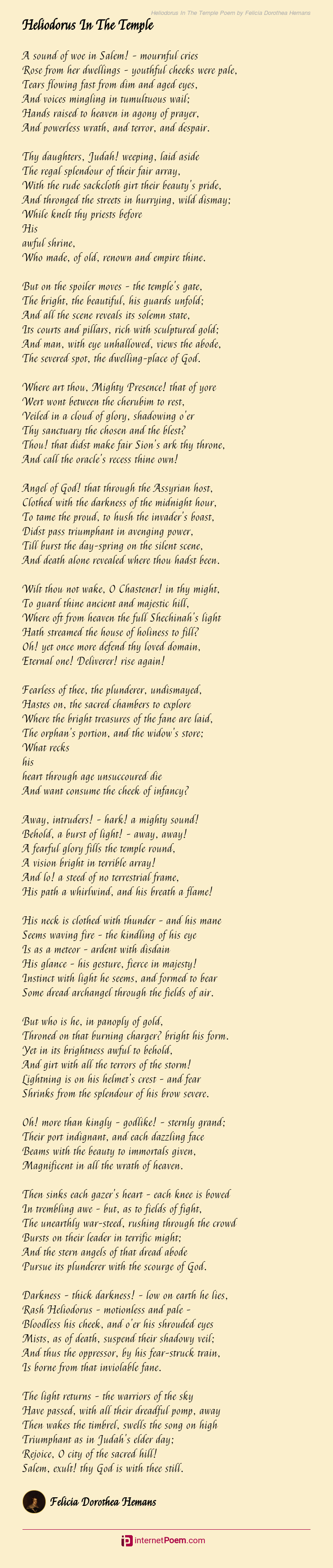 Heliodorus In The Temple Poem by Felicia Dorothea Hemans