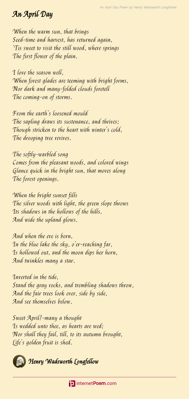 An April Day Poem by Henry Wadsworth Longfellow
