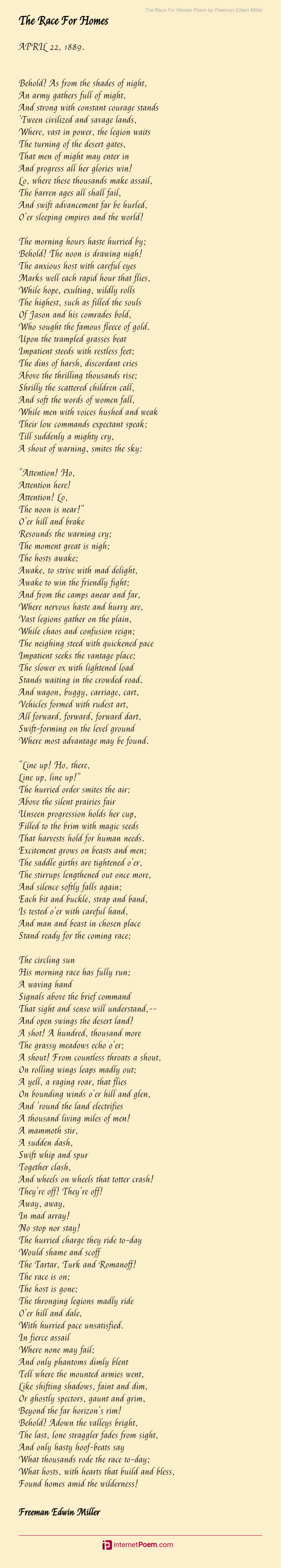 The Race For Homes Poem by Freeman Edwin Miller