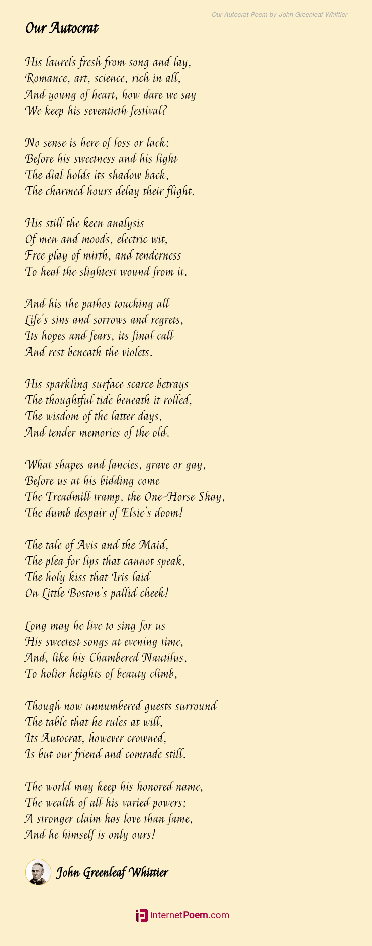 Our Autocrat Poem by John Greenleaf Whittier