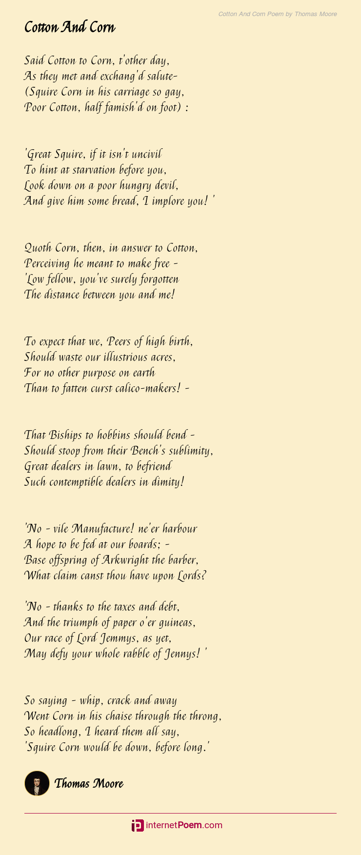 Cotton And Corn Poem by Thomas Moore
