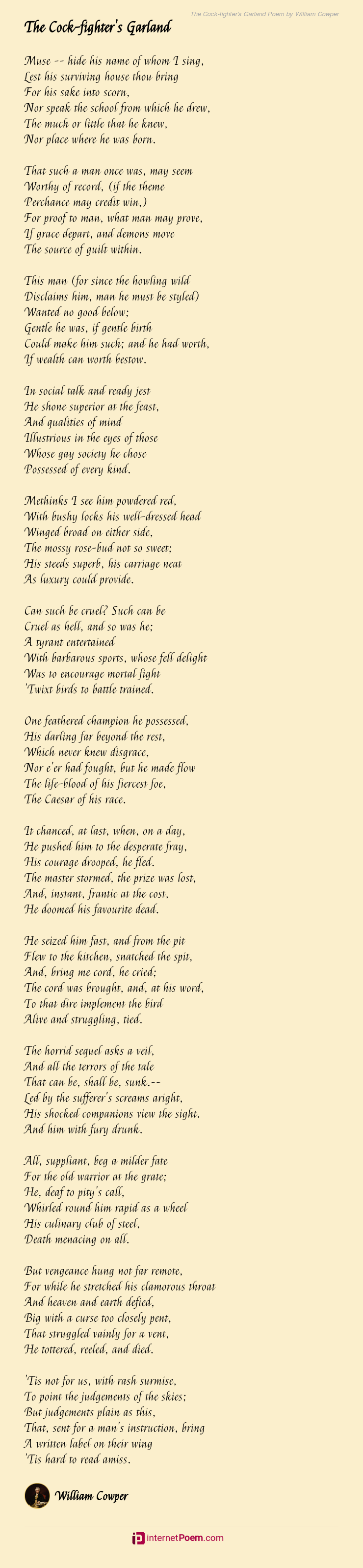 The Cock-fighter's Garland Poem by William Cowper
