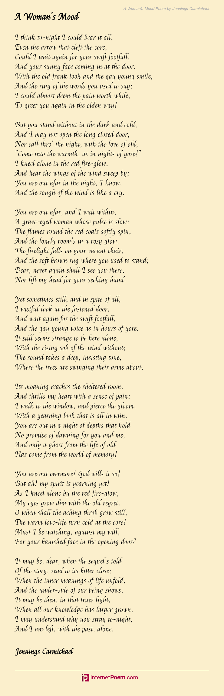 A Woman's Mood Poem by Jennings Carmichael
