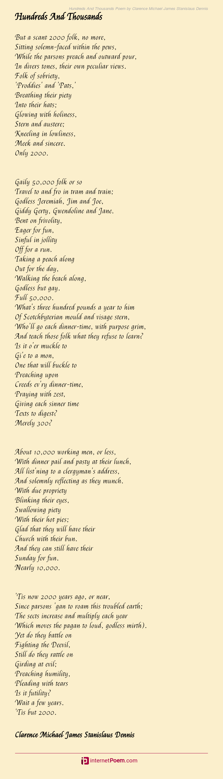 Hundreds And Thousands Poem by Clarence Michael James Stanislaus Dennis