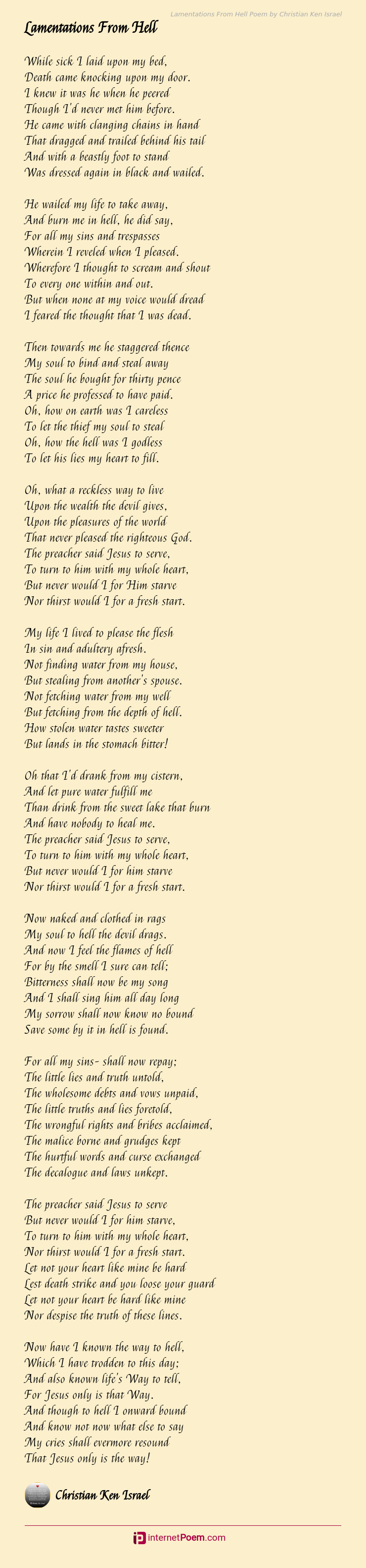Lamentations From Hell Poem by Christian Ken Israel
