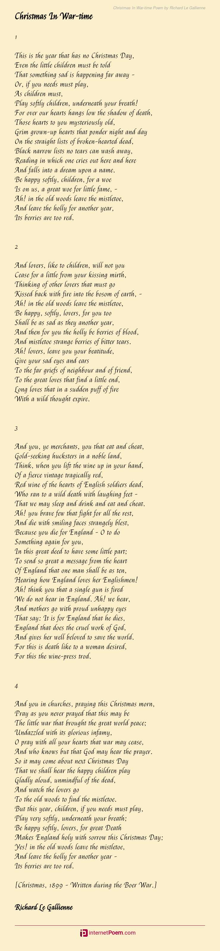 Christmas In War-time Poem by Richard Le Gallienne
