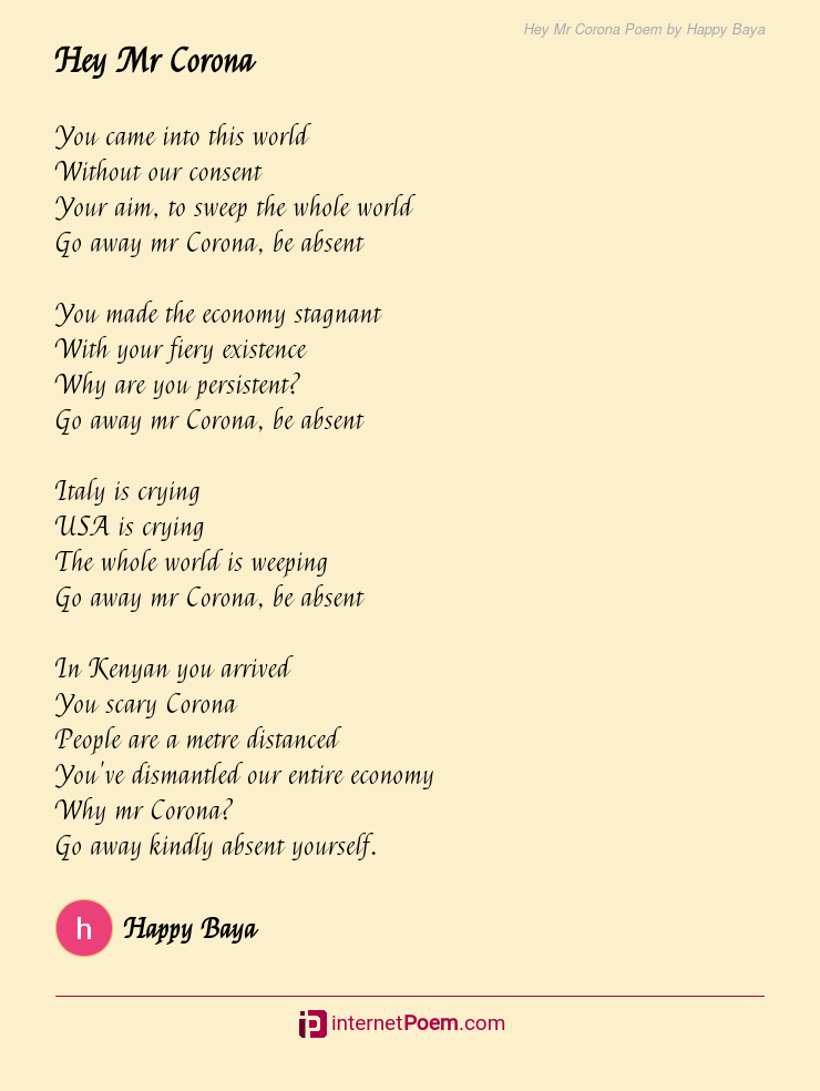 Hey Mr Corona Poem by Happy Baya