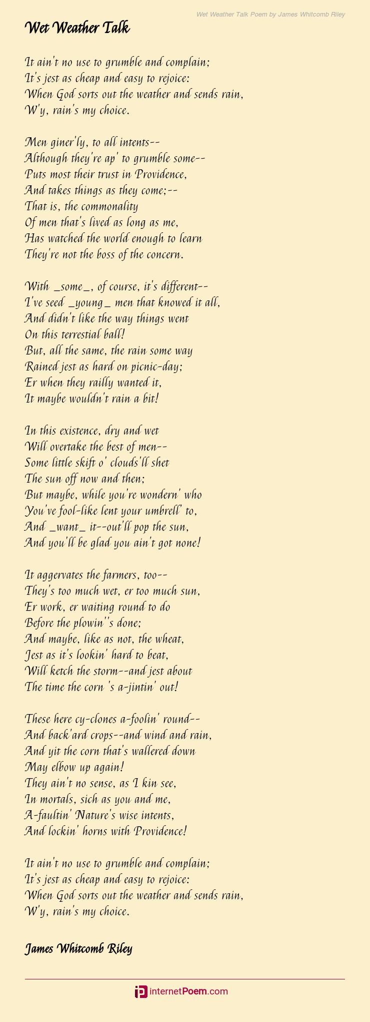 Wet Weather Talk Poem by James Whitcomb Riley