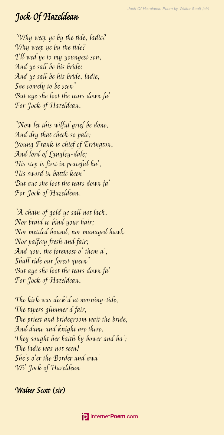 Jock Of Hazeldean Poem by Walter Scott (sir)
