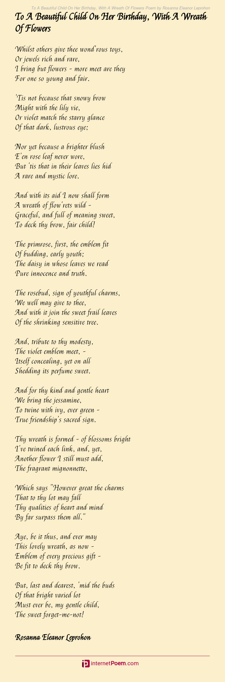 To A Beautiful Child On Her Birthday, With A Wreath Of Flowers Poem by ...