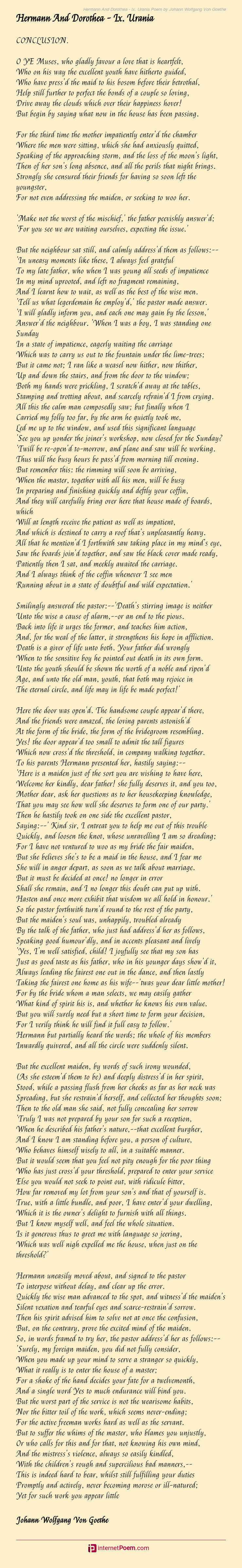 Hermann And Dorothea - Ix. Urania Poem by Johann Wolfgang Von Goethe