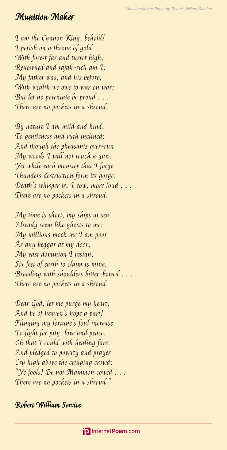 Munition Maker Poem by Robert William Service