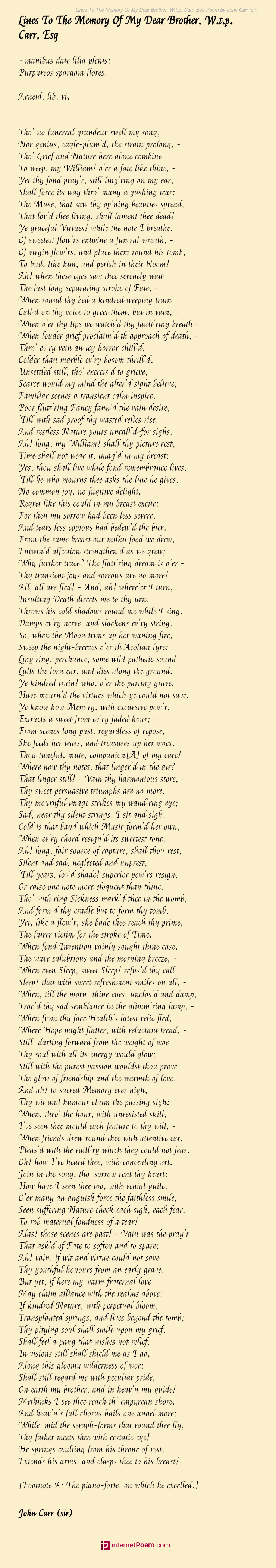 Lines To The Memory Of My Dear Brother, W.t.p. Carr, Esq Poem by John ...