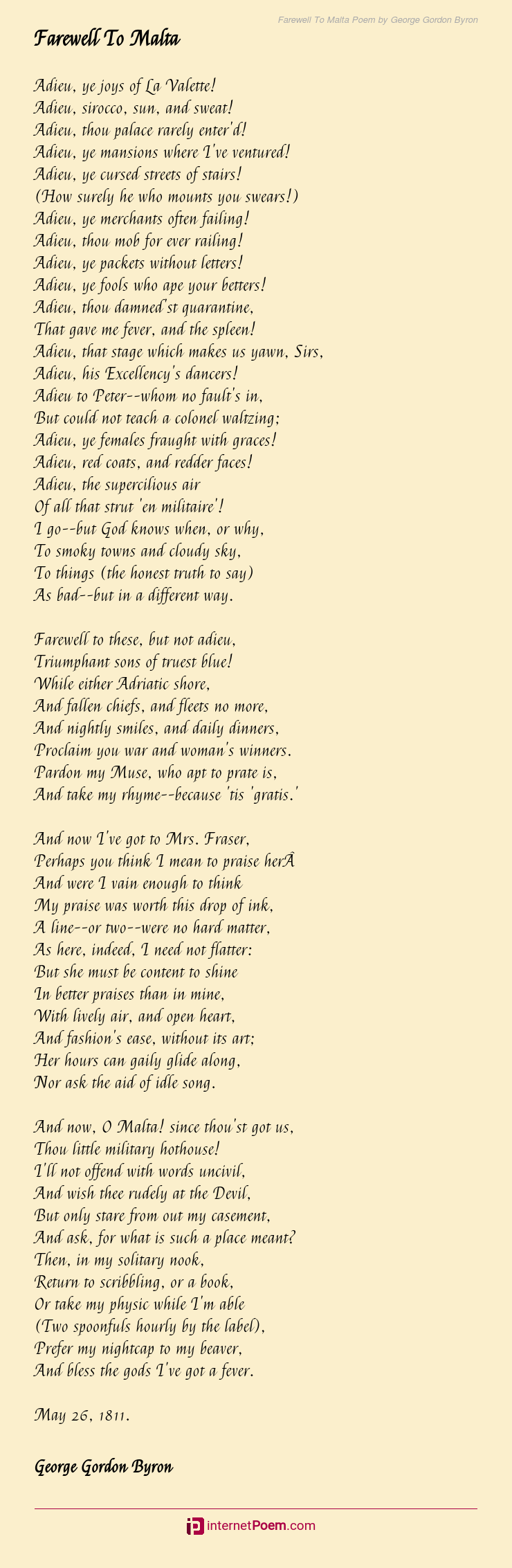 Farewell To Malta Poem by George Gordon Byron
