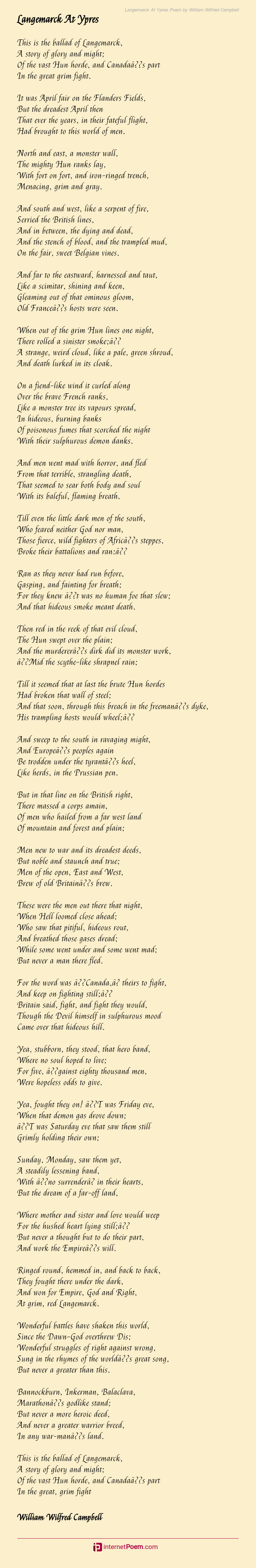Langemarck At Ypres Poem by William Wilfred Campbell