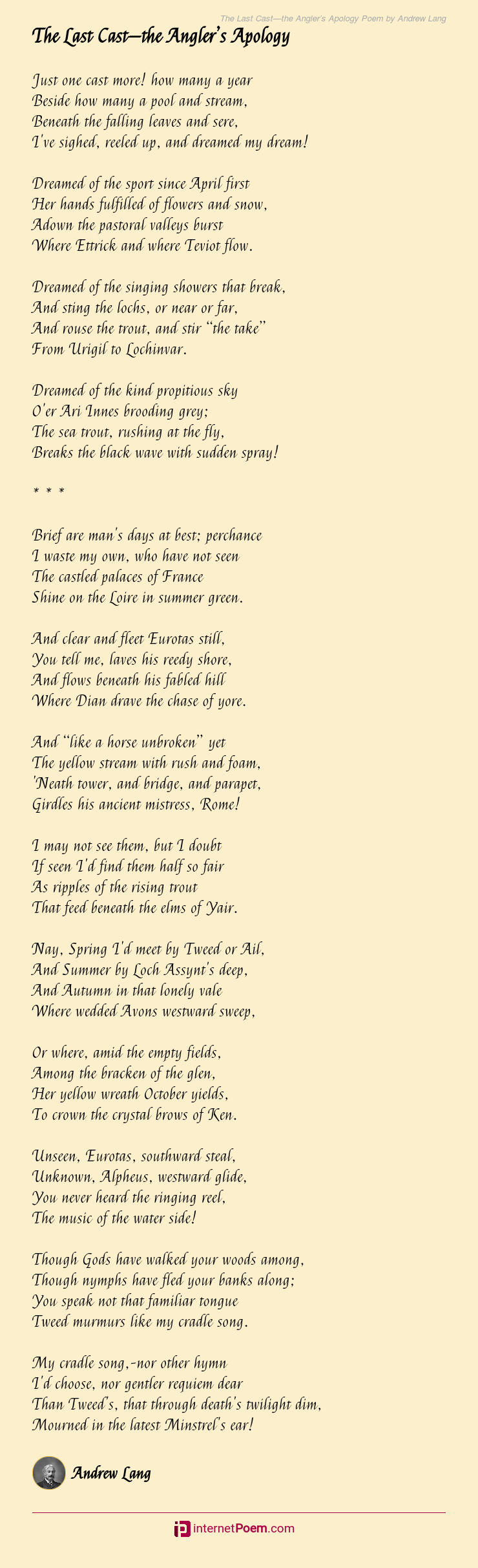 The Last Cast'the Angler's Apology Poem by Andrew Lang