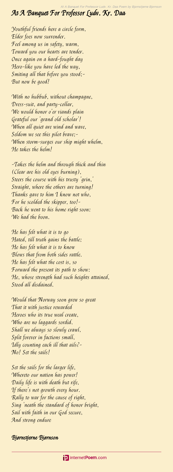 At A Banquet For Professor Ludv. Kr. Daa Poem by Bjarnstjerne Bjarnson