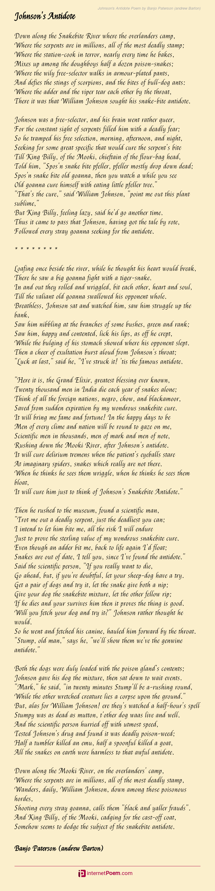 Johnson's Antidote Poem by Banjo Paterson (andrew Barton)