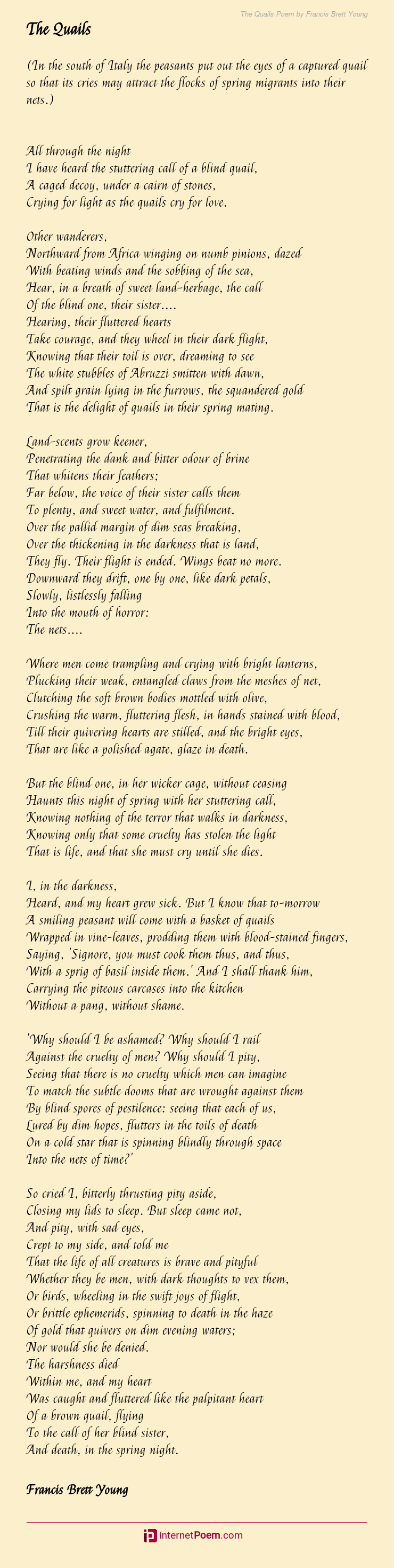 The Quails Poem by Francis Brett Young