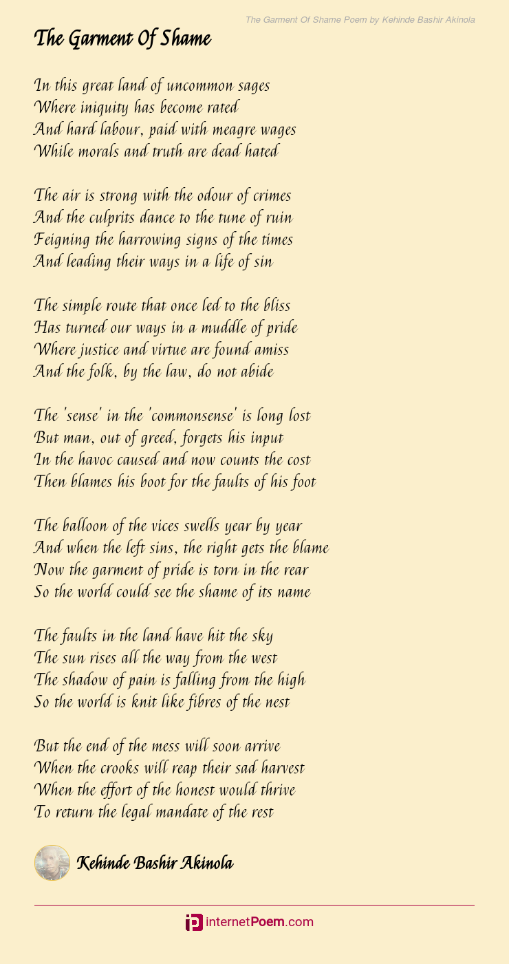 The Garment Of Shame Poem by Kehinde Bashir Akinola