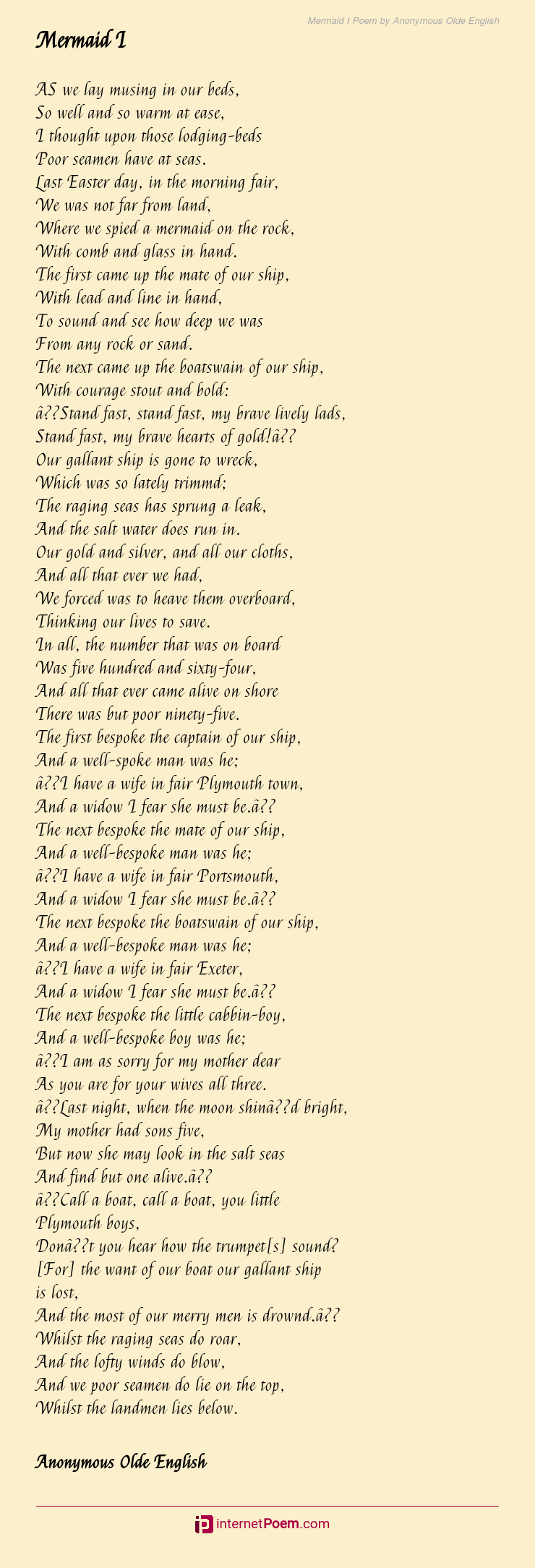 Mermaid I Poem by Anonymous Olde English