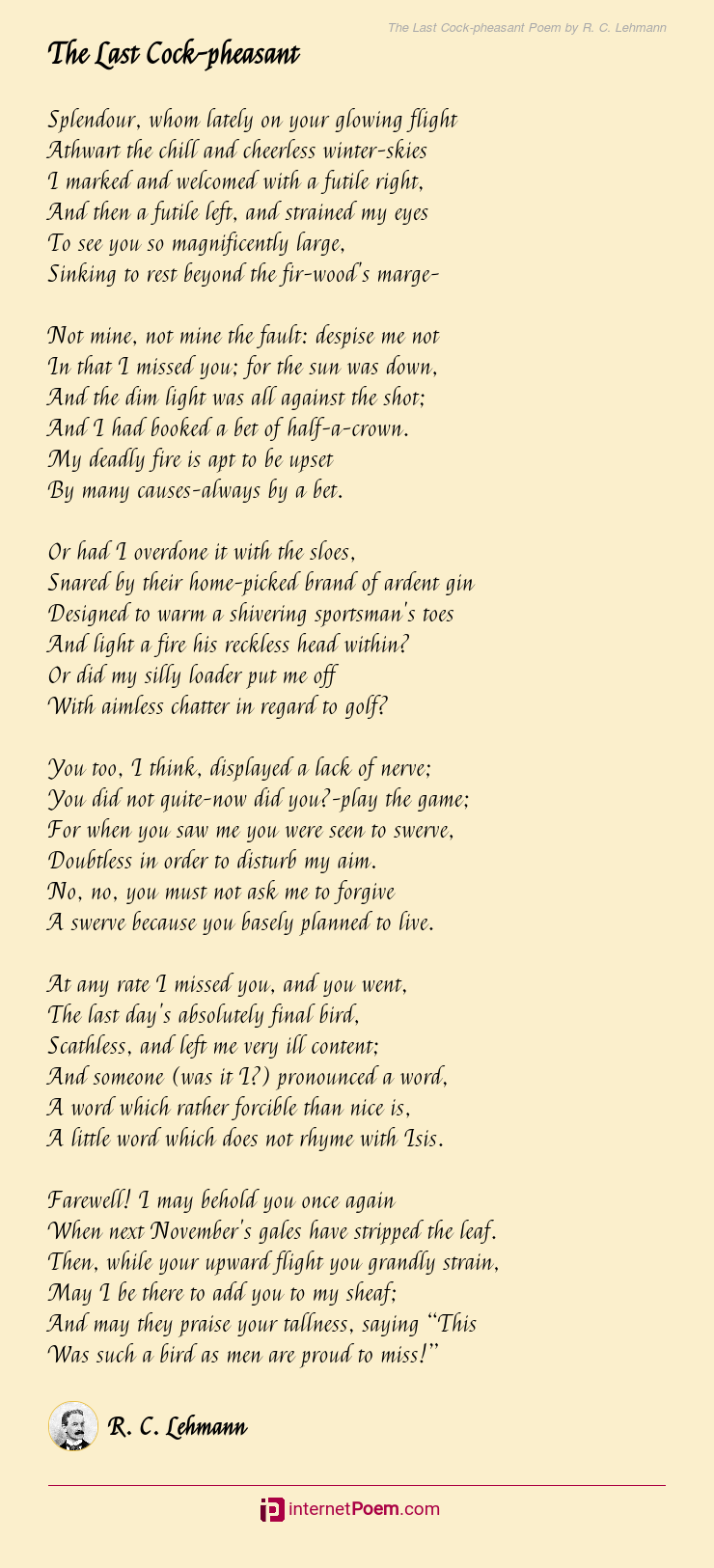 The Last Cock-pheasant Poem by R. C. Lehmann