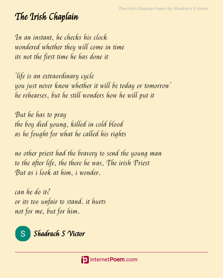 The Irish Chaplain Poem by Shadrach S Victor