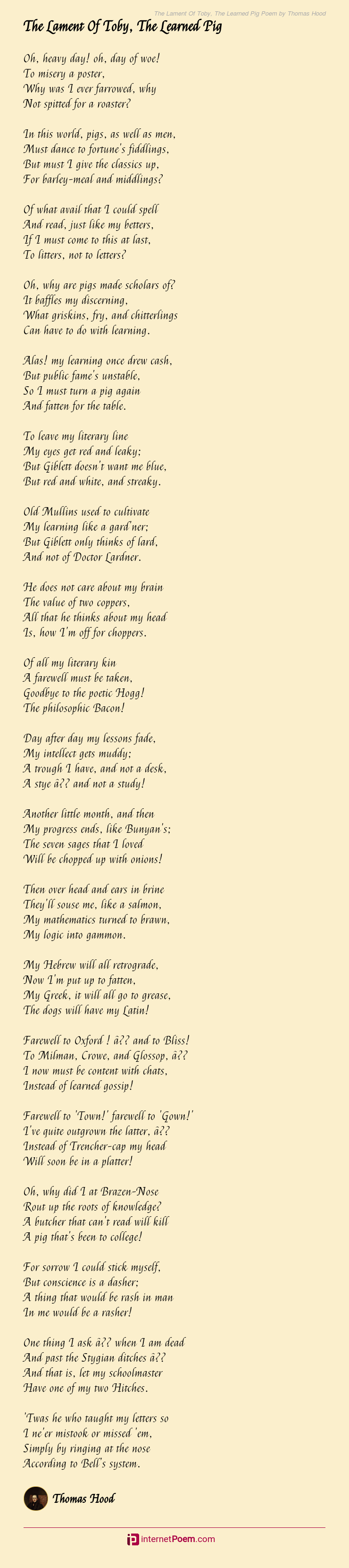 The Lament Of Toby, The Learned Pig Poem by Thomas Hood