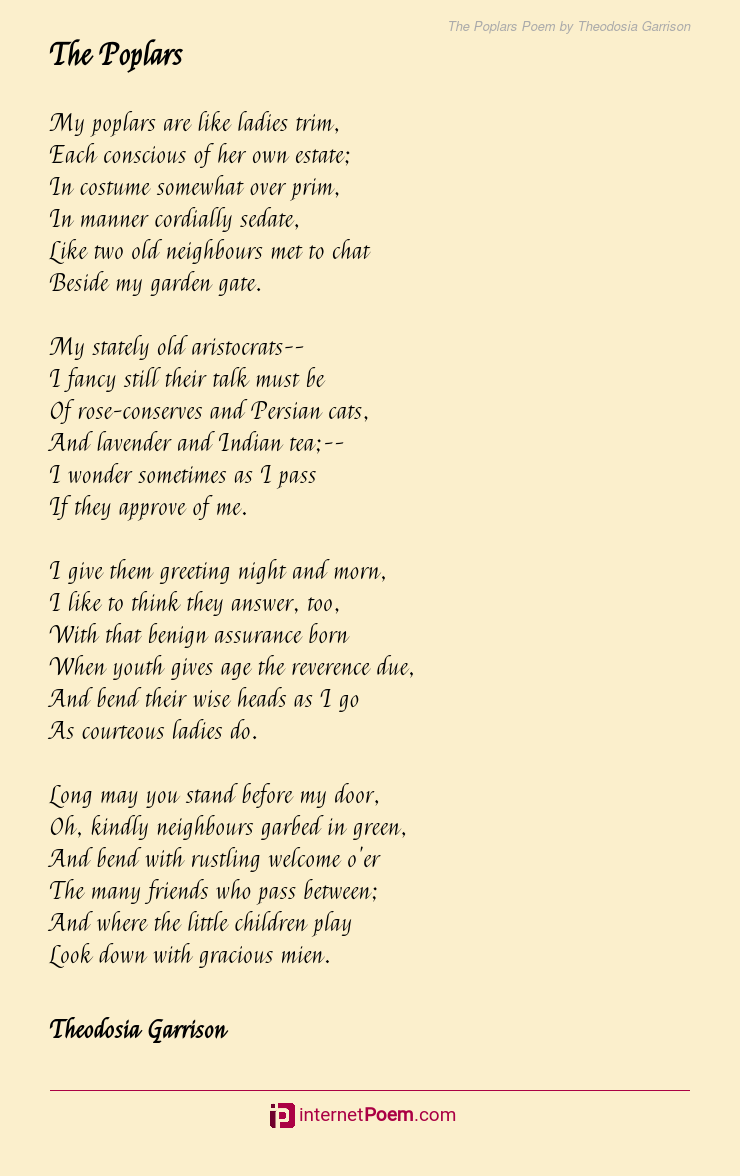 The Poplars Poem by Theodosia Garrison