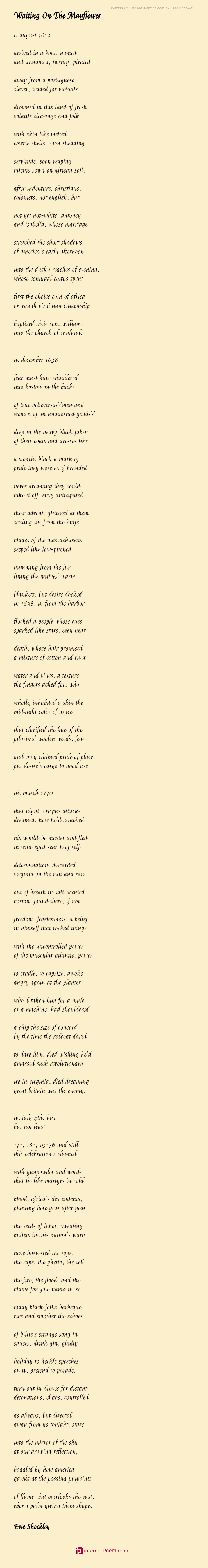 Waiting On The Mayflower Poem by Evie Shockley